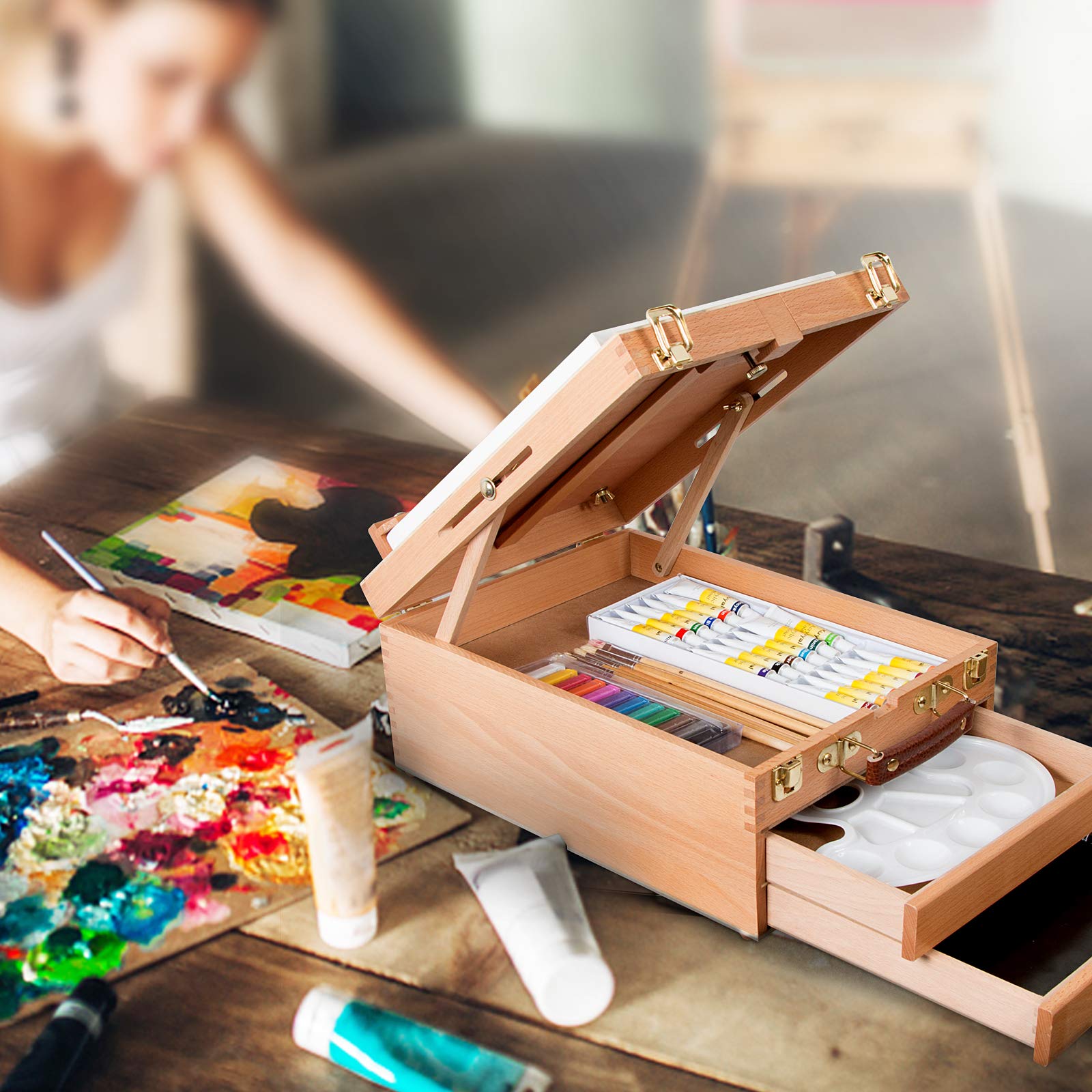 Kuyal Art Supplies Box Easel Sketch Box Painting Storage Box-Adjustable Design with Large 2-Drawer（2-Drawer Box Easel)