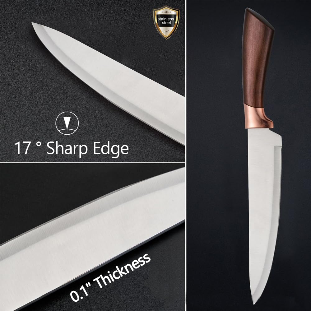 Knife Set with Block YF-TOW 6-Piece Kitchen Knife Sets Non-Stick Sharp Stainless Steel Kitchen Knives Comes with Freestanding Storage Block (Brown)
