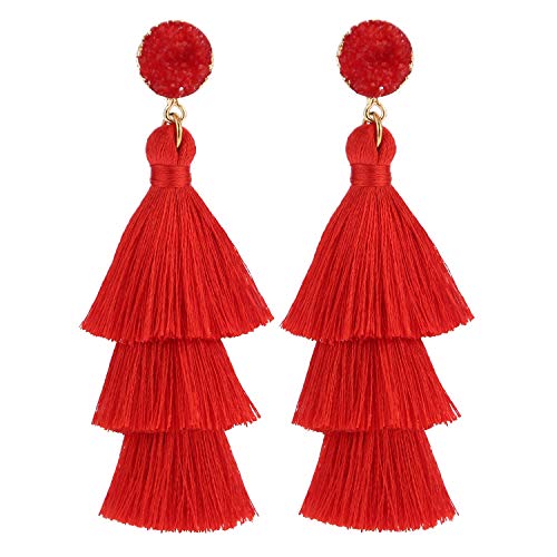 LEGITTA Red Tassel Earrings with Druzy Stud Layered Tiered Linear Drop Dangle Fashion Bohemian Earrings for Women