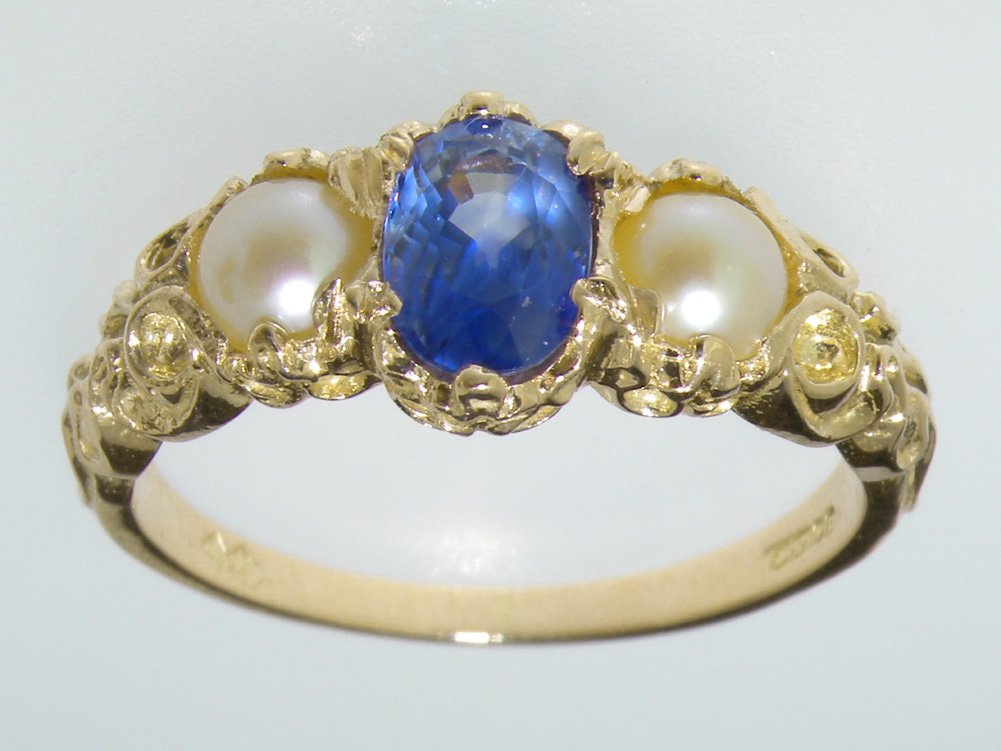 LetsBuyGold 14k Yellow Gold Real Genuine Sapphire and Cultured Pearl Womens Anniversary Ring - Size 8