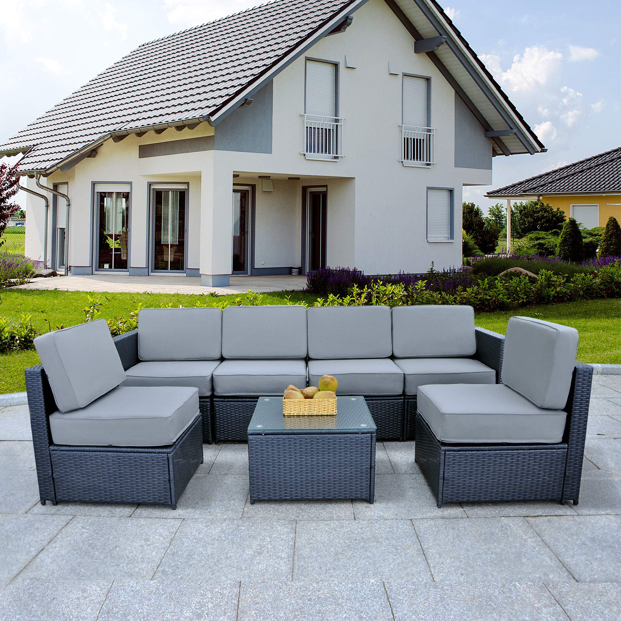 MCombo Patio Furniture Sectional 7 Pieces Wicker Sofa Set Outdoor Seating Couch Black Rattan Conversation Chair with Tea Coffee Table and Cushions Clips 6085 (Grey)