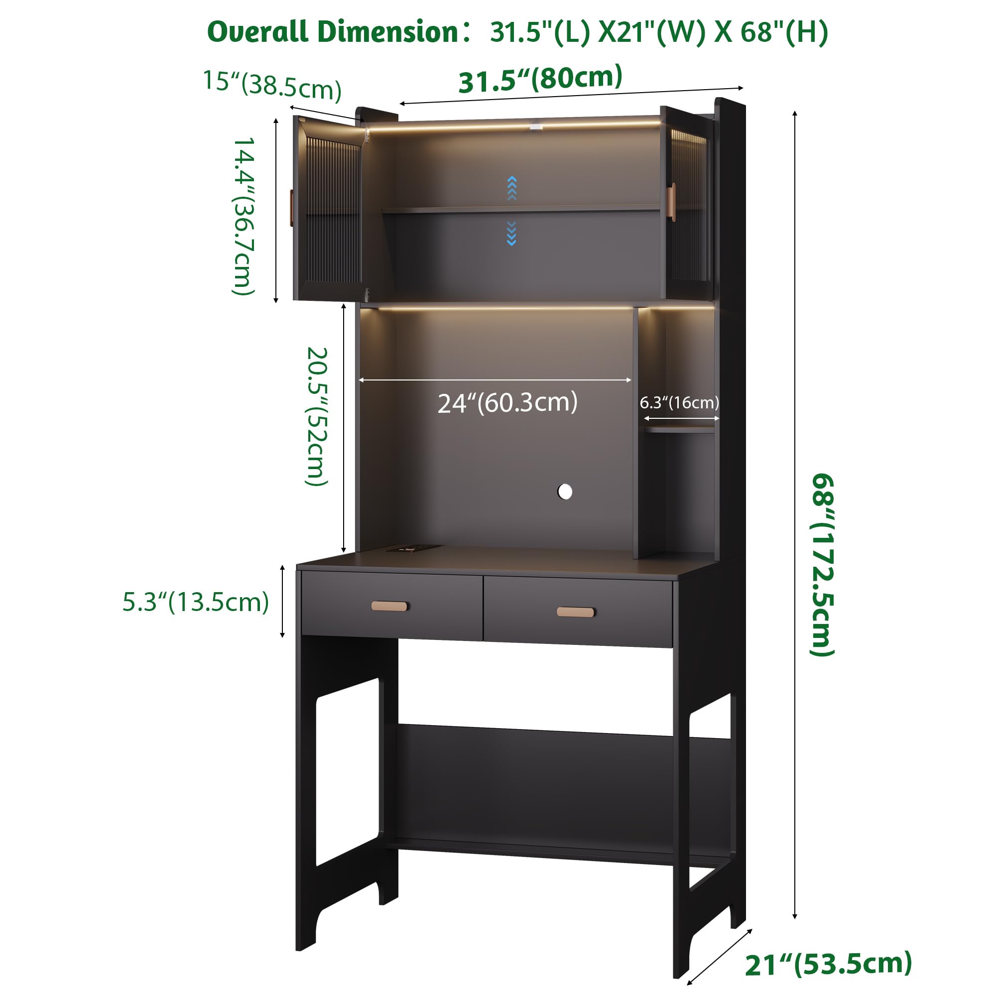 Vlsrka LED Home Office Desk with Hutch, 31.5 Inch Modern Computer Desk with Power Outlet, Wooden Bush Study Desk with Storage Drawers & Shelves (Matte Black)