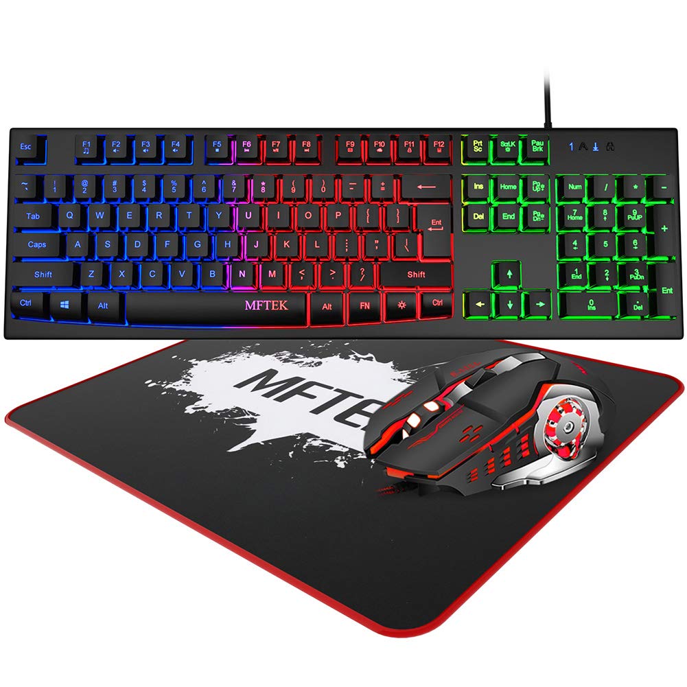 MFTEK Rainbow Gaming Keyboard and Mouse Combo, Wired RGB Backlit Gaming Keyboard and 4 Color Lighted Gaming Mouse Set with Mouse Pad for Computer PC Gamer Laptop Work