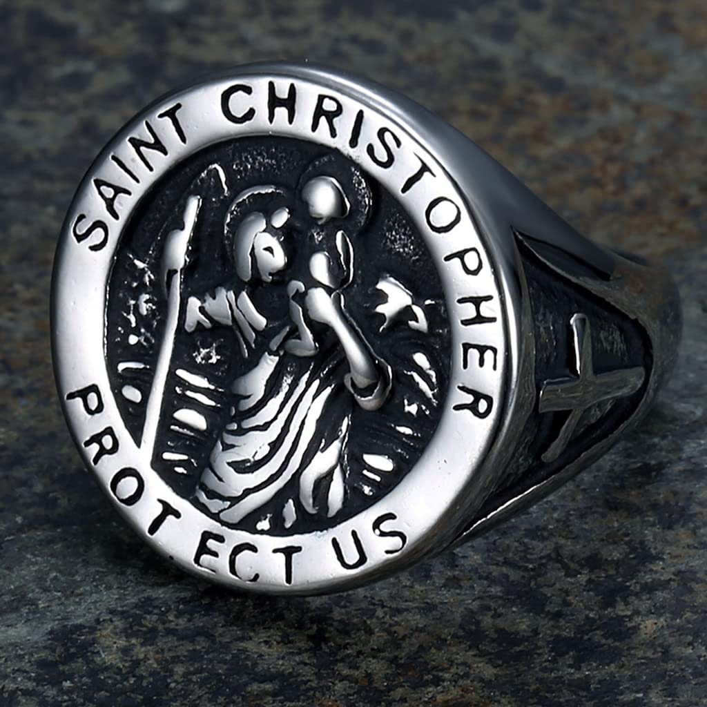 Retro Vintage Stainless Steel Saint Christopher Protect Us Cross Religious Catholic Round Signet Ring (Silver, 14)