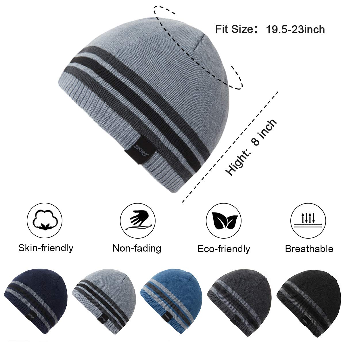 Mens Winter Beanie Hat Oversized Warm Knit Fleece Lined Short Beanie Ski Skull Cap (Black+Grey, ONE Size)