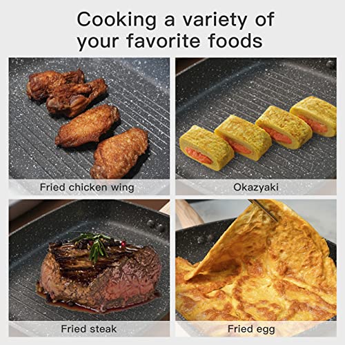 RUNHU Frying Pan, Granite Nonstick Omelet Pan, Durable Egg Pan, PFOA Free, Square Skillet Suitable for Gas Stove & Induction Cookware, 9 x 9.4 inch