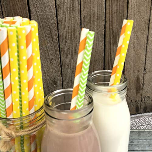 Paper Straws - Yellow Lime Green Orange - Stripe Chevron Dot - Citrus Theme - 75 Pack