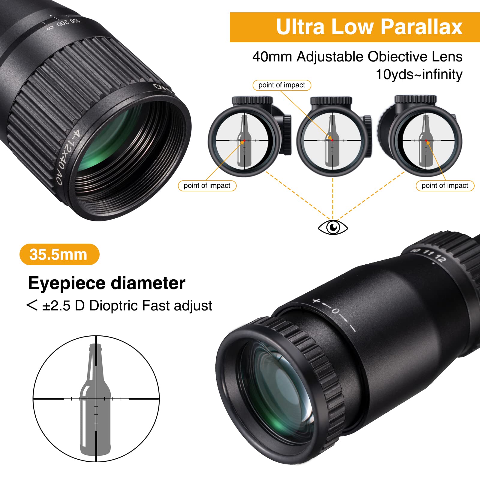 MidTen SFP 4-12x40 AO Tactical Rifle Scope with 4" Eye Relief Adjustable Objective Dead-Hold BDC Reticle Optics 1-inch Tube Riflescopes for Hunting Shooting