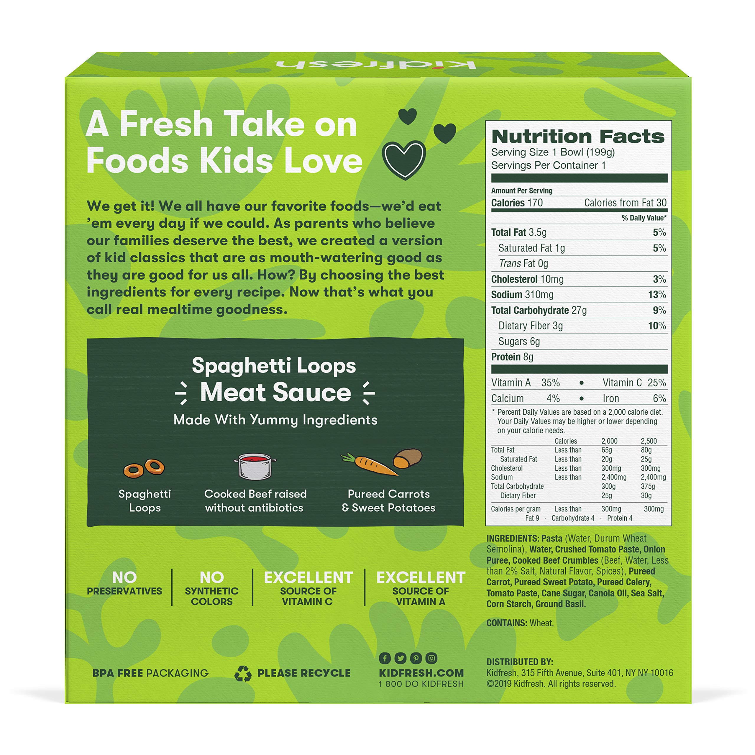 Kidfresh Spaghetti Loops Meat Sauce, Made with Hidden Veggies and No Artificial Ingredients, Frozen Kid's Meal, 7oz (1-Pack)