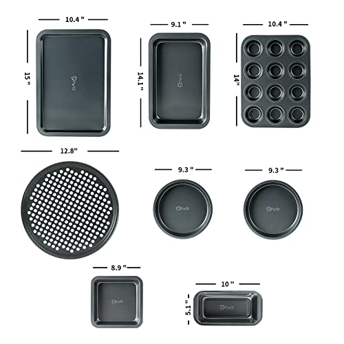 Perlli Baking Pan 8 Piece Set Nonstick Carbon Steel Gray Oven Safe Bakeware Kitchen Set, Cookie Sheet, 2 Round Cake Pans, Square Pan, Loaf Pan, Deep Dish Pan, Pizza Crisper, & 12 Cup Muffin Pan
