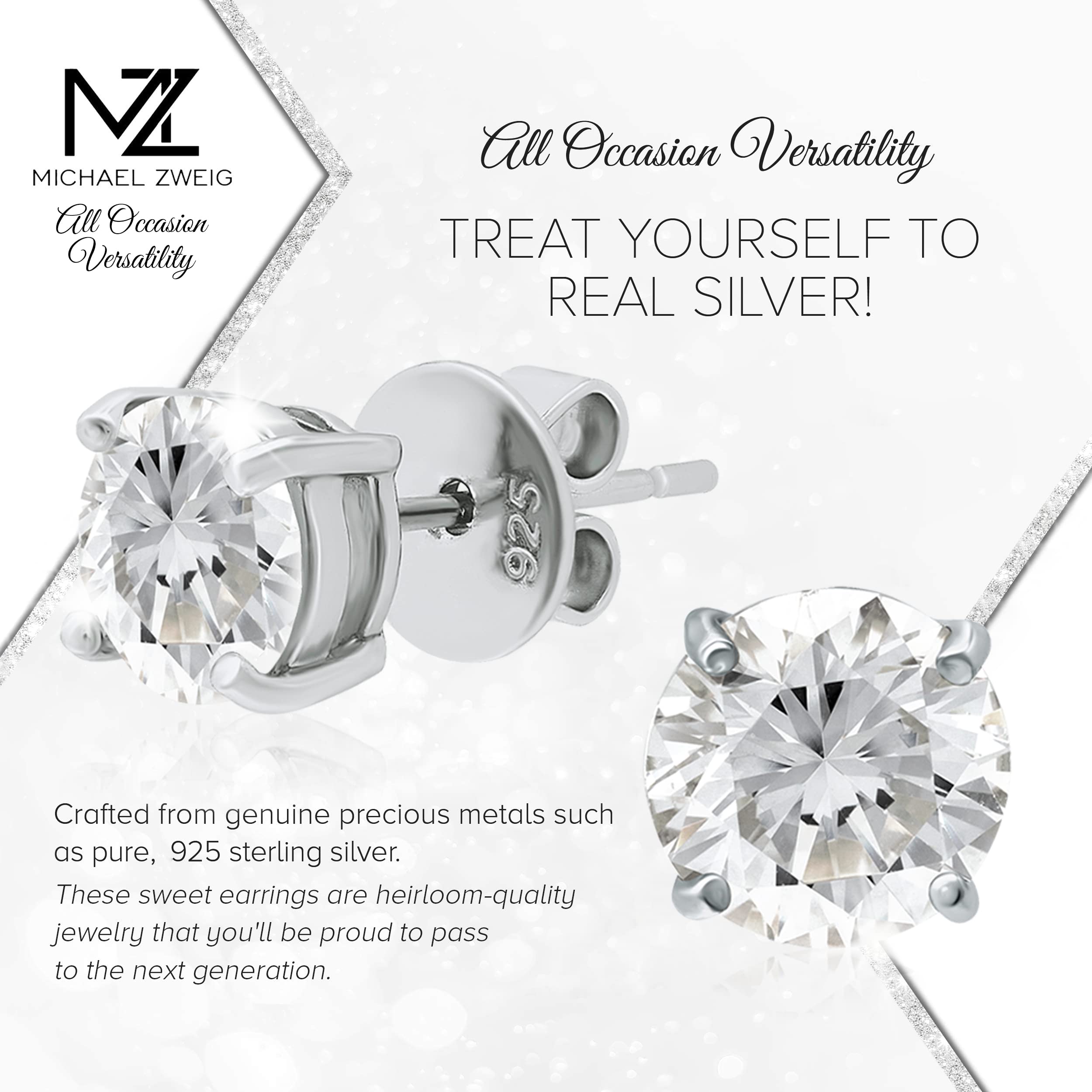 Michael Zweig 14K Solid Gold Posts 925 Sterling Silver Stud Earrings 3pc Set Cubic Zirconia 3.0mm, 4.0mm, 5.0mm, Diamond Carat Weight, 1.75 cttw