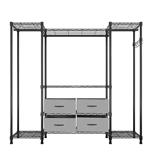 Wekity Wire Garment Rack Heavy Duty Clothes Rack,Closet Organizer Metal Garment Rack Portable Clothes Hanger Home Shelf Fabric Drawers,Freestanding Closet Wardrobe (Black)