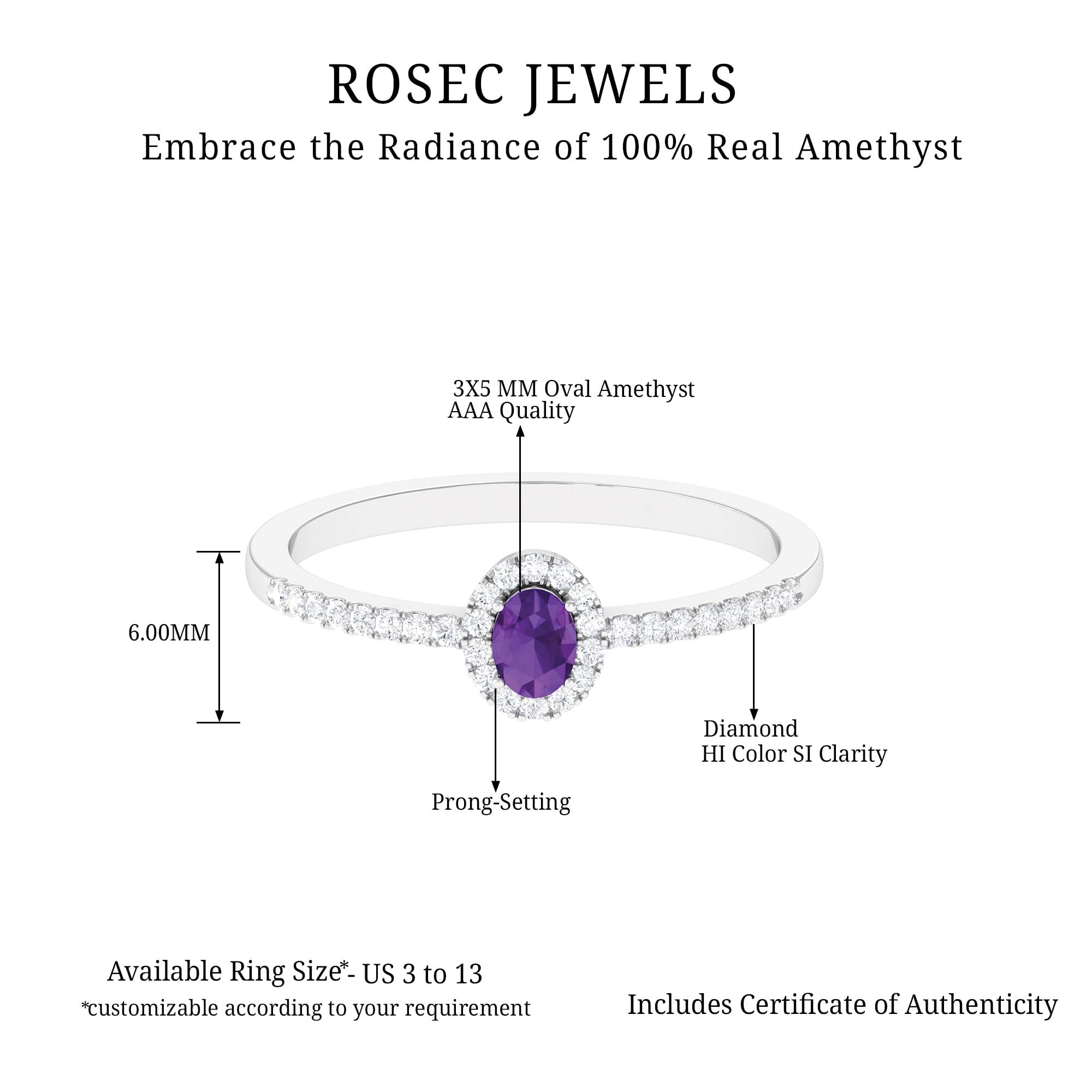 Rosec Jewels Natural Amethyst Minimal Halo Ring| 3X5 MM Oval| AAA Quality| Engagement Ring for Women, 14K White Gold, Size:US 10.00