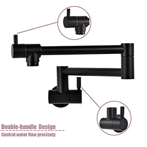 VALISY Lead-Free Solid Brass Single Hole Two Handle Matte Black Wall Mount Pot Filler Faucet，Copper Faucets for Kitchen Sink & Stove Folding Stretchable with 360° Swivel Double Joint Swing Arm
