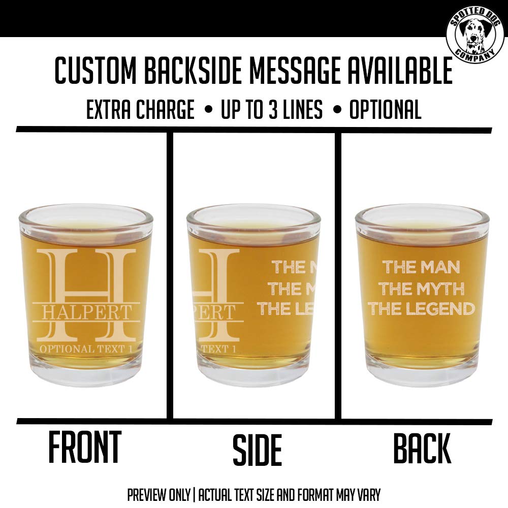 Personalized 2pk; set of two Engraved 2.5oz Shot Glass, Custom Etched Shot Glasses, Groomsmen, Customized Bridesmaid, Wedding Favors, Customized Birthday Gifts, Anniversary, Cute, Halpert Monogram