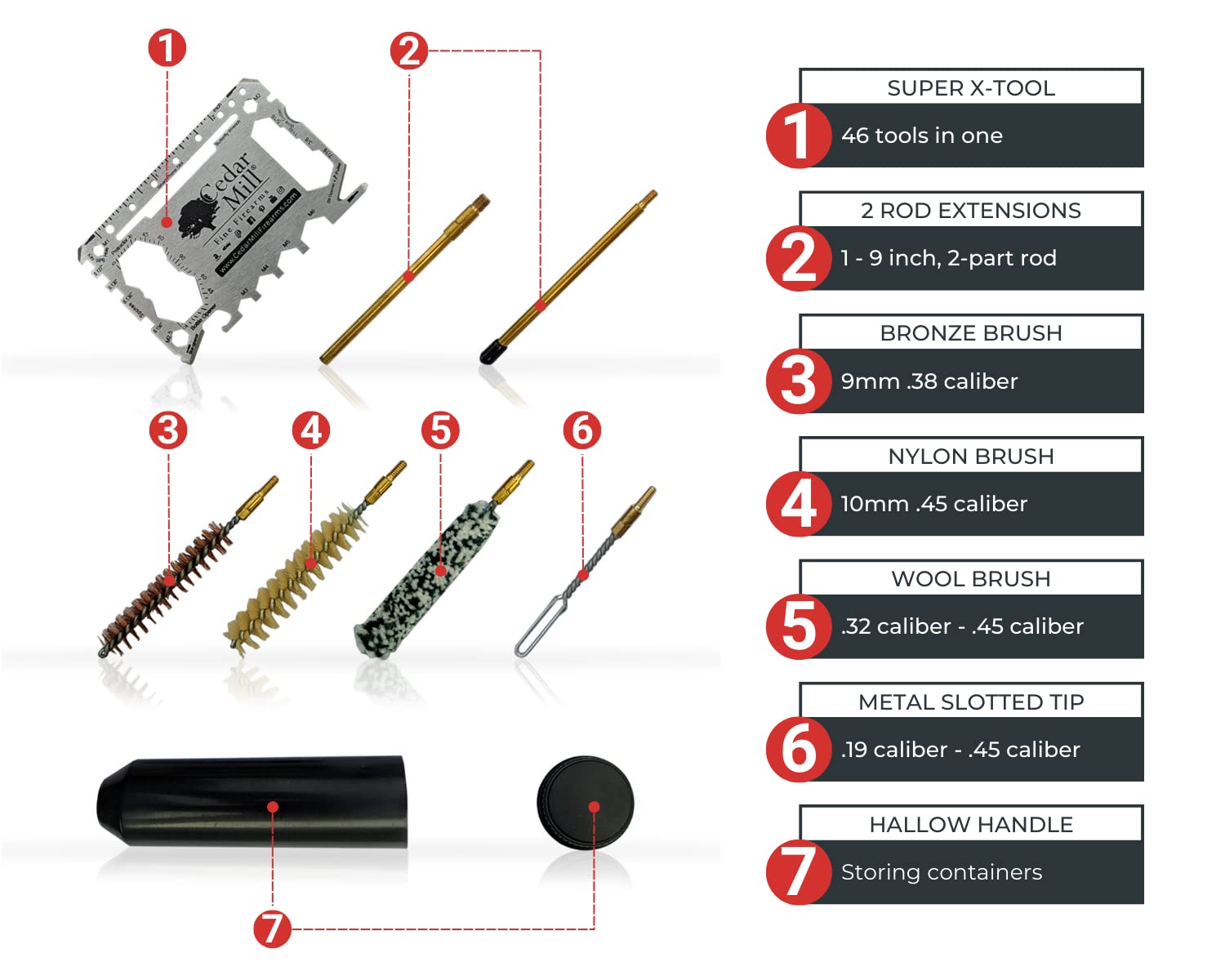 Micro, All-in-One Professional 9mm Pistol Cleaning Kit - 357, 380, 38, 40, 44 mag, 45 Swivel Handle, 2 Rods, 3 Clean Brushes β Premium Steel & Nylon with Durable Lifelong Construction + Deluxe X-Tool