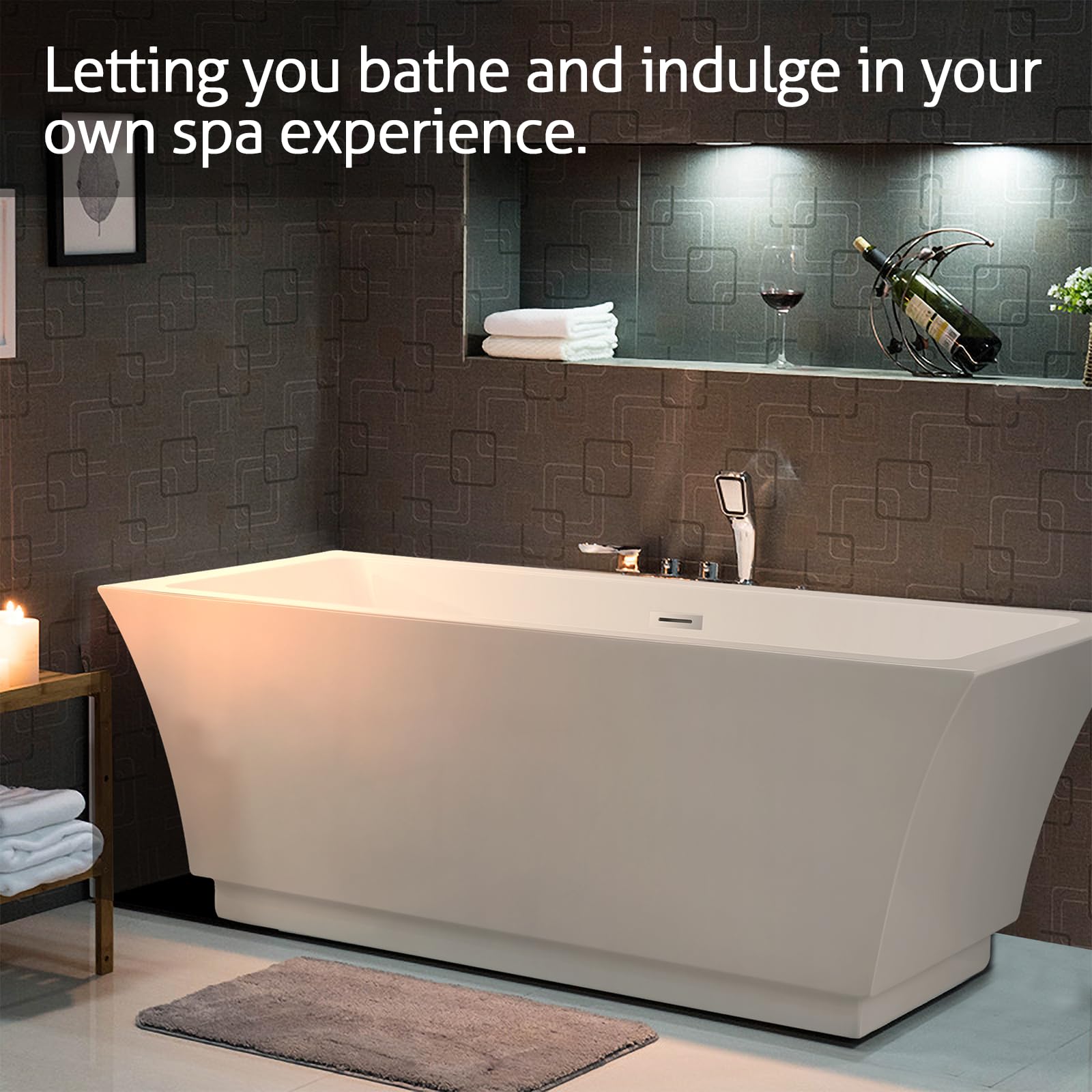 Vanity Art 59" X 30" Freestanding Bathtub | Home Improvement Bathtubs with Contemporary Design for Soaking and Bathing, Overflow and Pop-up Drain with UPC Certified, Acrylic, VA6817-S