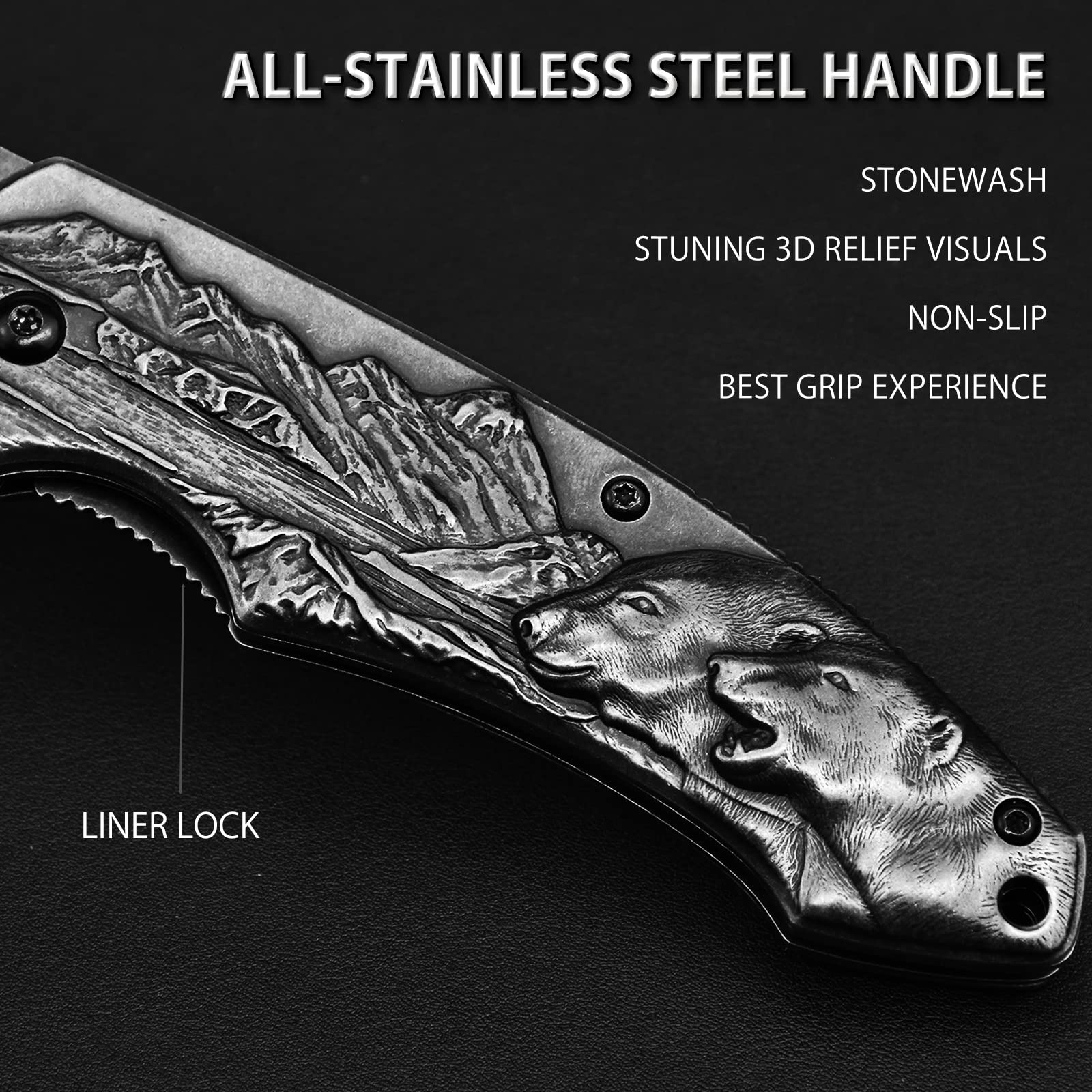 Pocket Folding Knife, Survival Knife With 3D Embossed Bear Pattern, Great Gift Edc Pocket Knife For Men Outdoor Camping Hiking Hunting Knife