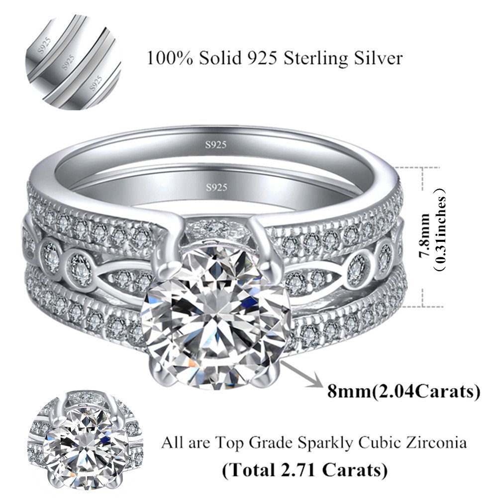 MABELLA 2.7 Carats Round Cut White Cubic Zirconia 925 Sterling Silver Alternative Engagement Wedding Ring Set Size 8