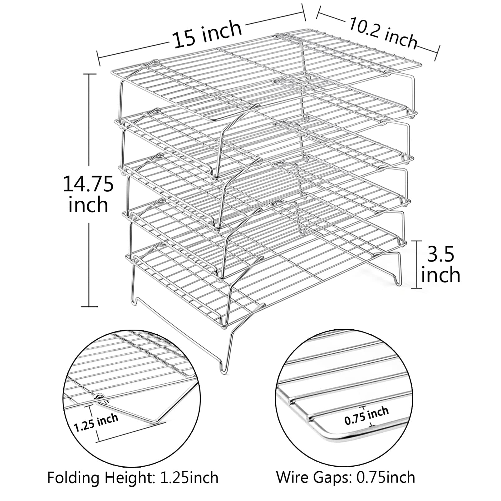 TeamFar Cooling Rack, 5-Tiers Stainless Steel Baking Cooling Wire Rack for Baking Roasting Cooking, Healthy & Firmly Weld, Stackable & Collapsible, Dishwasher Safe, 15βx10β