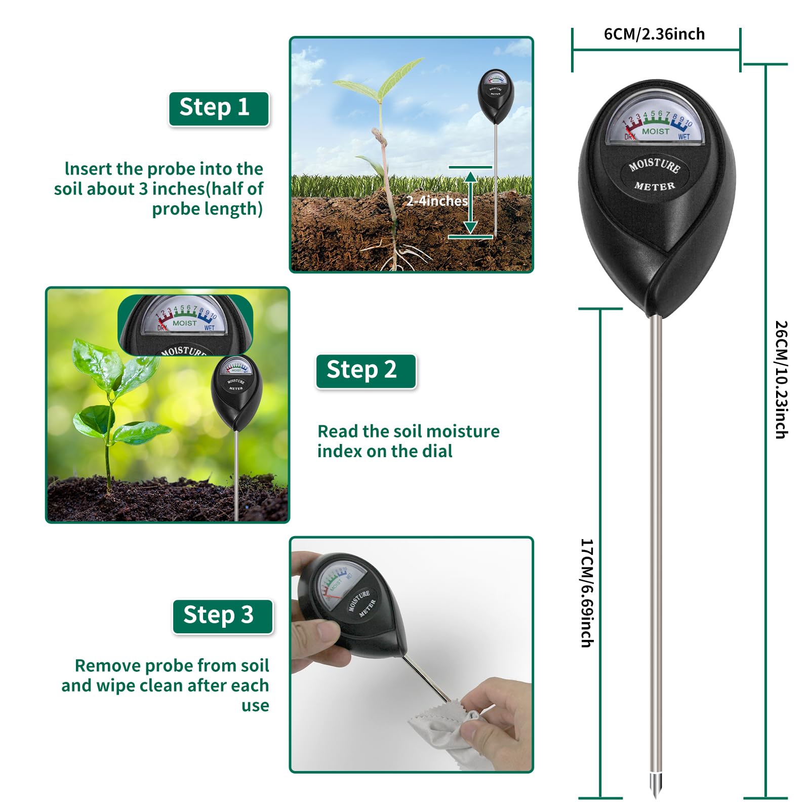 SZHLUX Soil Moisture Meter, Soil Hygrometer Sensor for Plant Care, Great for Potted Plants, Gardening, Lawn (No Battery Needed) 10.23inch, Black