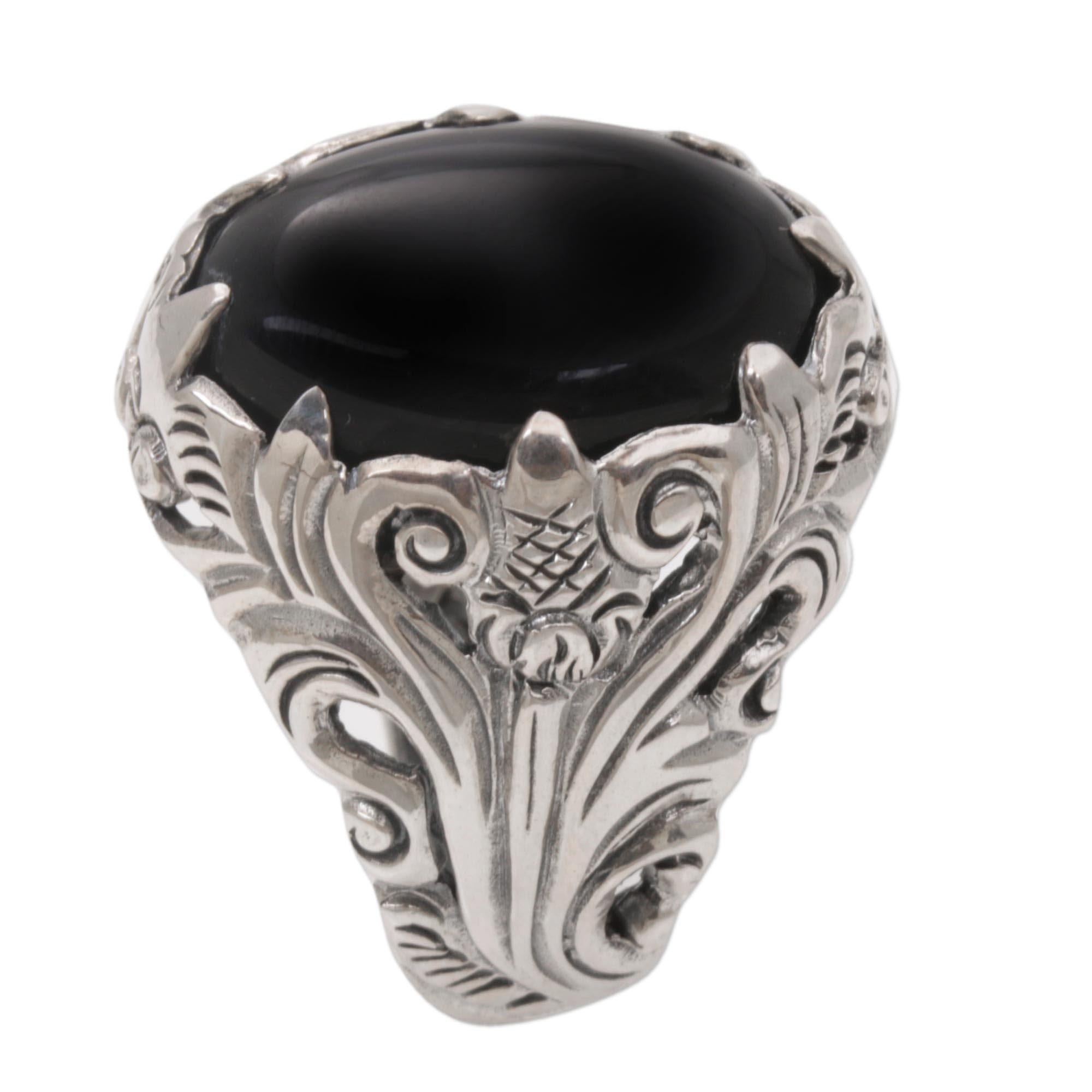 NOVICA Artisan Handcrafted .925 Sterling Silver Onyx Cocktail Ring from Bali Black Indonesia Birthstone 'Dark Forest'