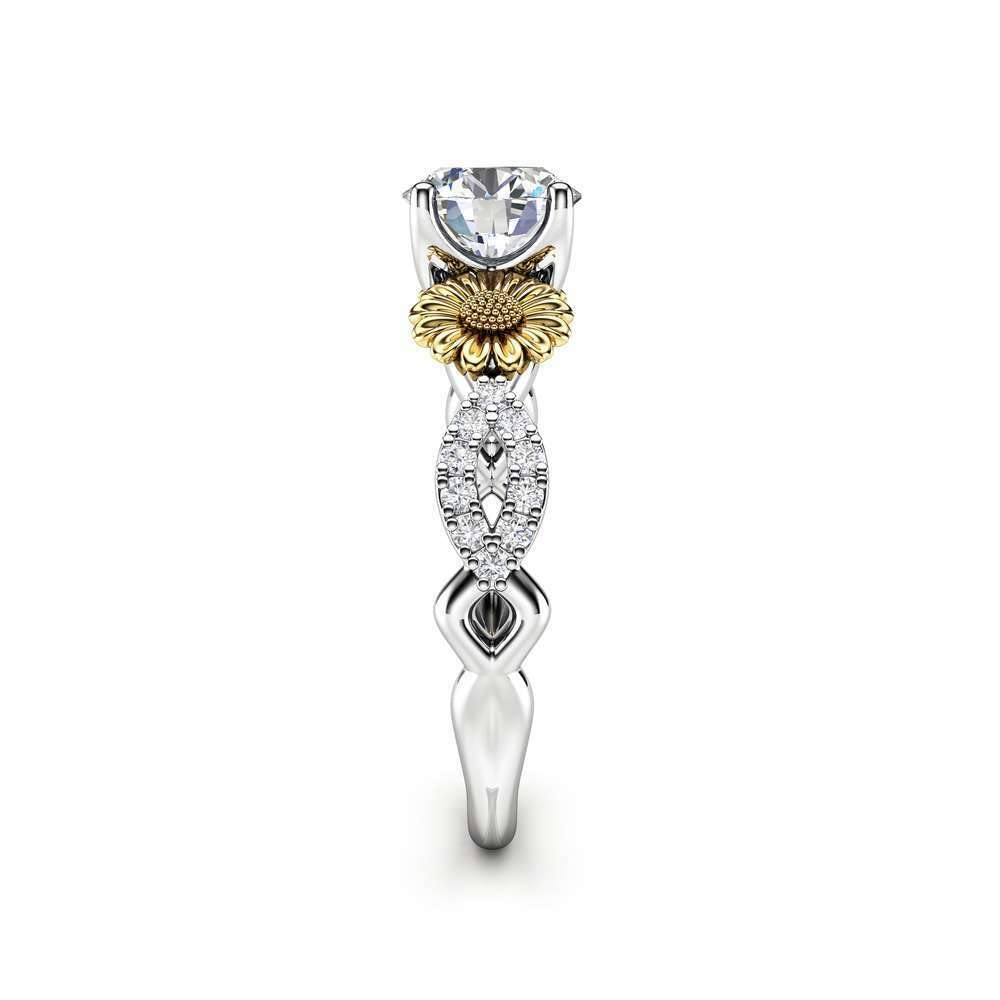 Reyansh Fashion Created Round Cut White Diamond 925 Sterling Silver 14K White Gold Finish Diamond Sunflower Flower Split Bridal Engagement Ring for Women's