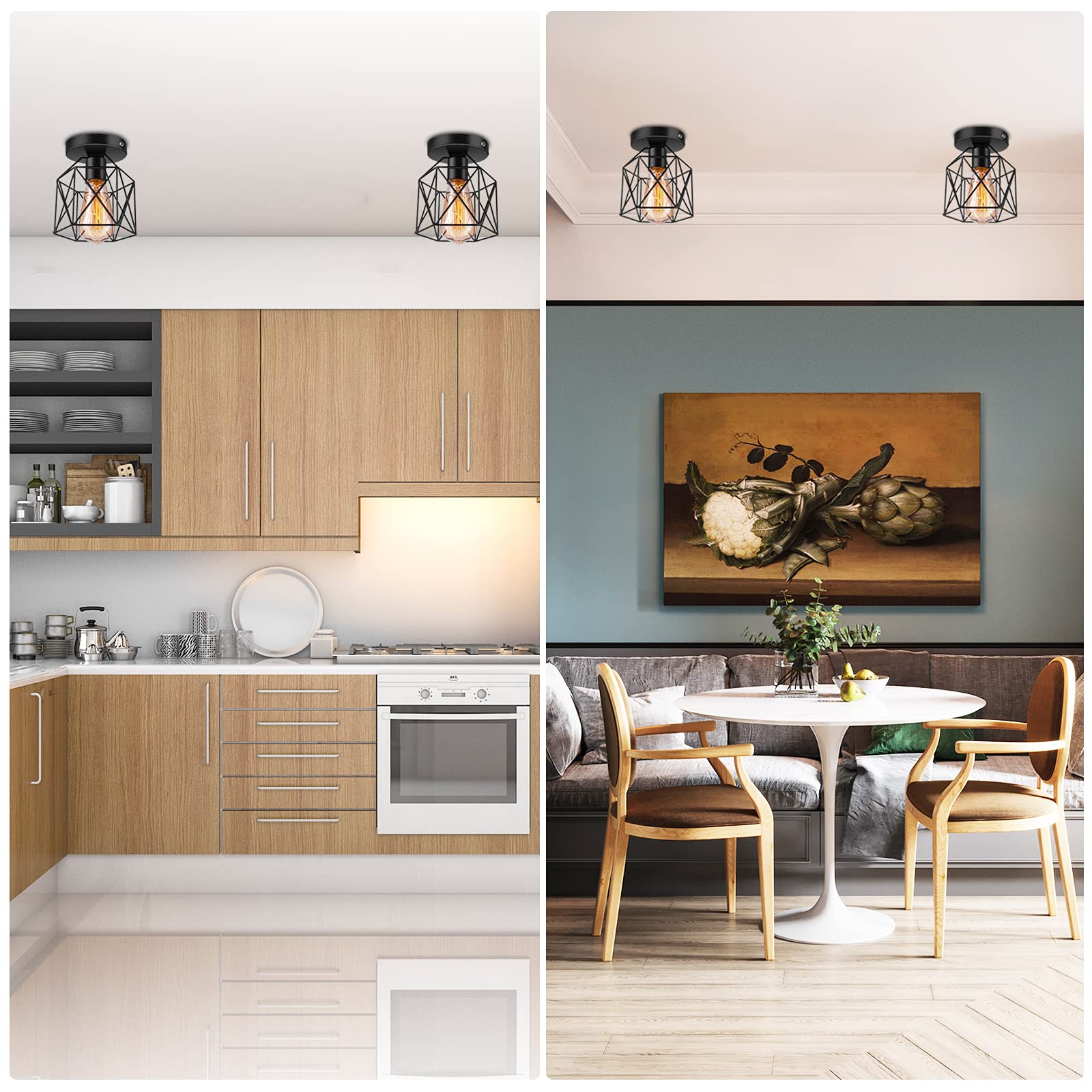 Licperron Hallway Light Fixtures Ceiling Mount, E26 E27 Retro Black Industrial Semi Flush Mount Ceiling Light for Porch Hallway Kitchen Farmhouse Lighting, 2 Pack, RV Light Fixtures, UL Approval