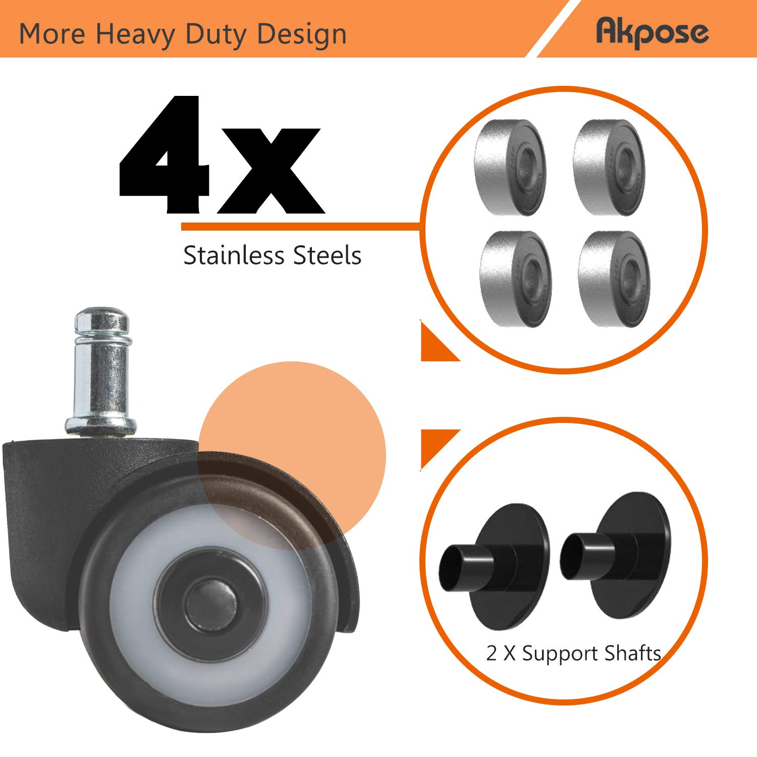 Office Chair Caster Wheels Replacement 2 Inch Heavy Duty 650LBs Computer Gaming Desk Dual Rubber Chair Wheels, Set of 5, Safe for All Floors - Universal Stem 7/16"X 7/8", Smooth & Silent