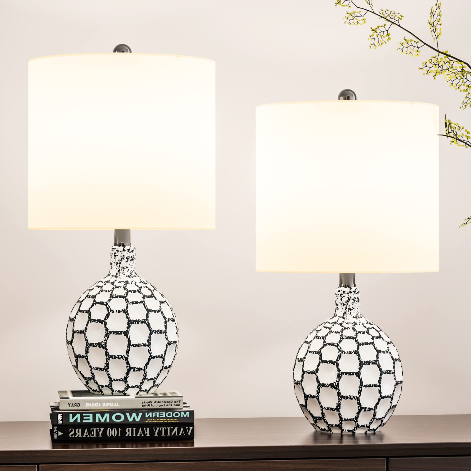 Maxax Table Lamp Set of 2, Ceramic Bedside Desk Lamp with White Fabric Shade for Living Room Family Bedroom
