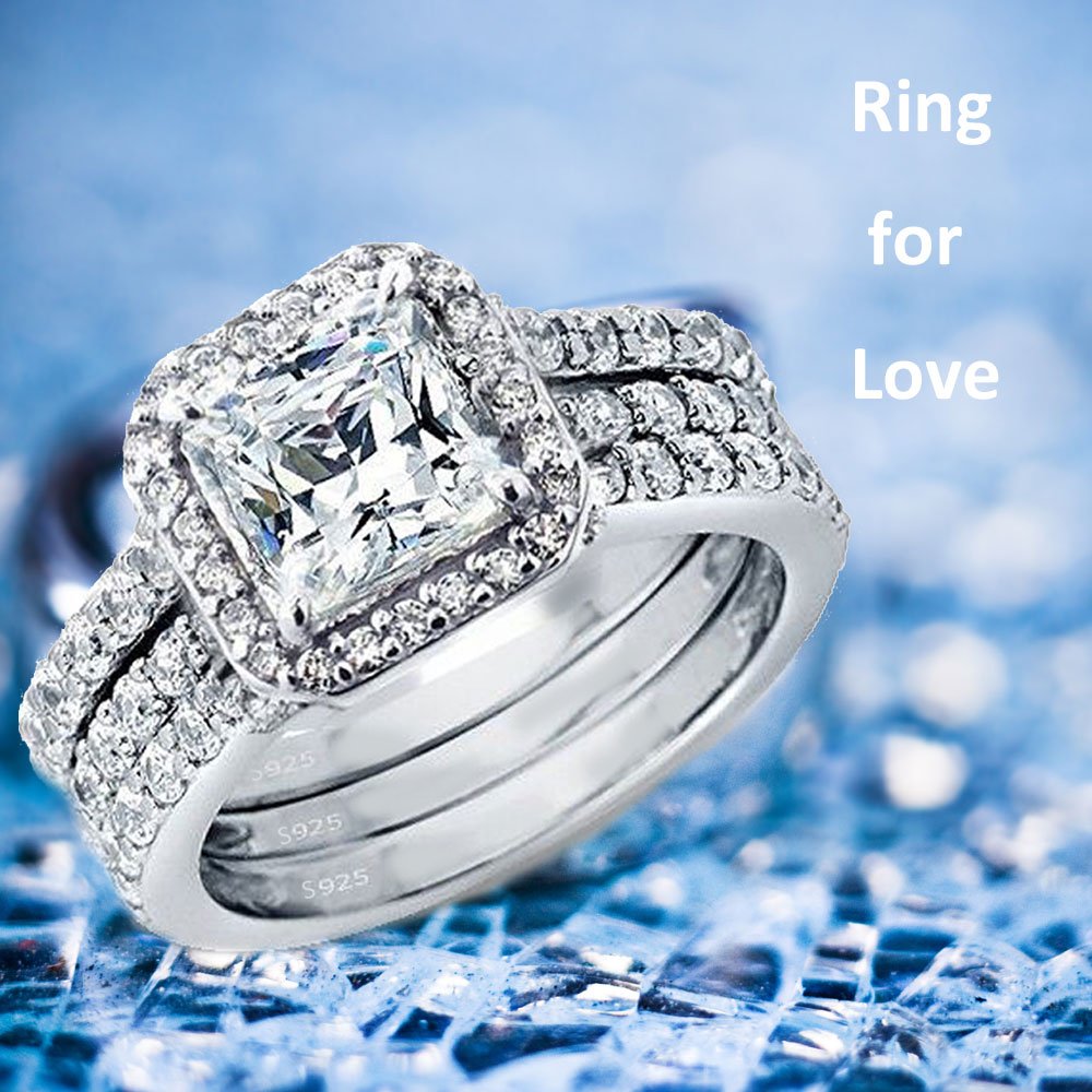 MABELLA Princess Sterling Silver Cubic Zirconia Wedding Engagement Ring Set Gifts for Women,Size 7