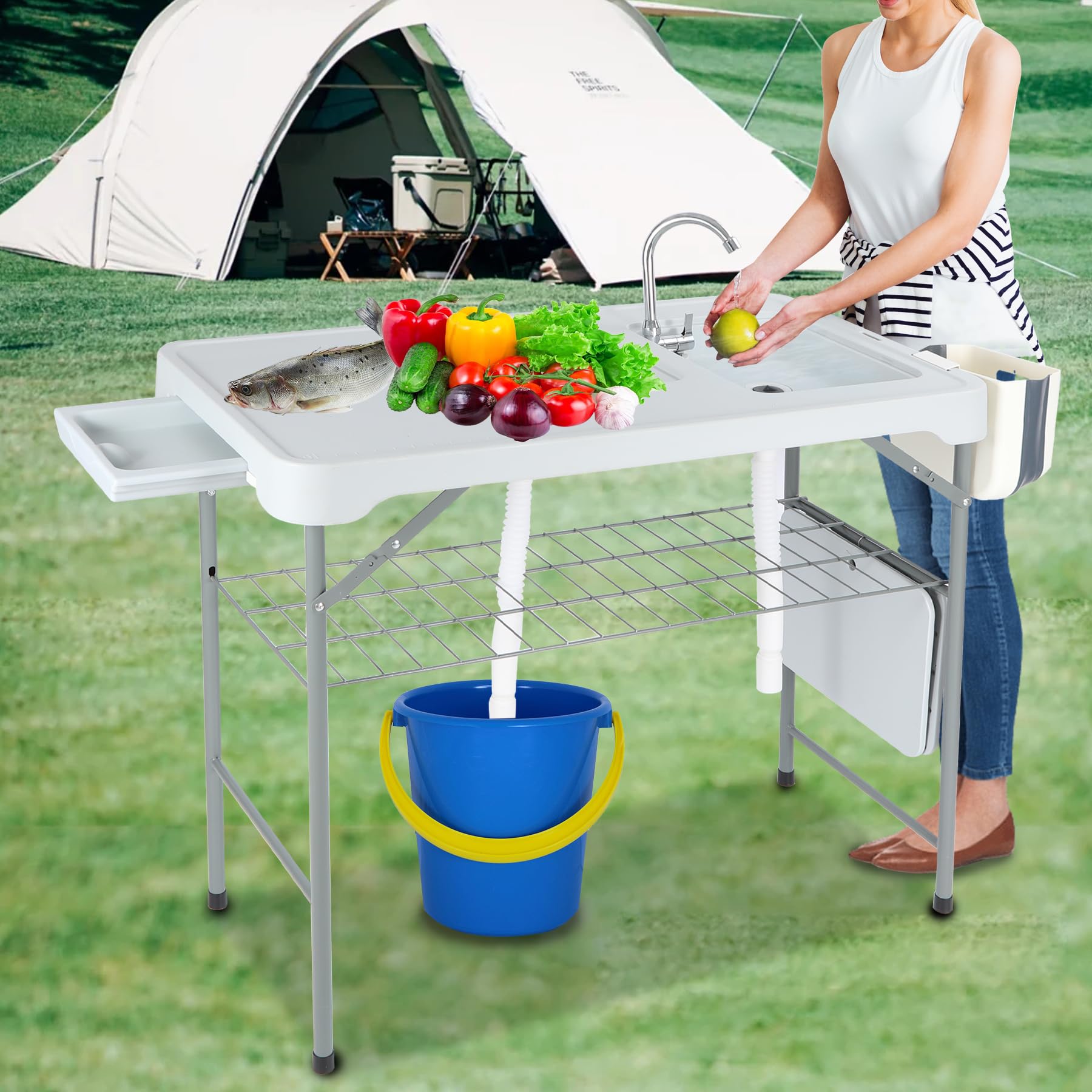 REDCAMP 39.4" Folding Fish Cleaning Table with Double Sink & Faucet, Portable Outdoor Fish Fillet Cleaning Station for Camping or Kitchen