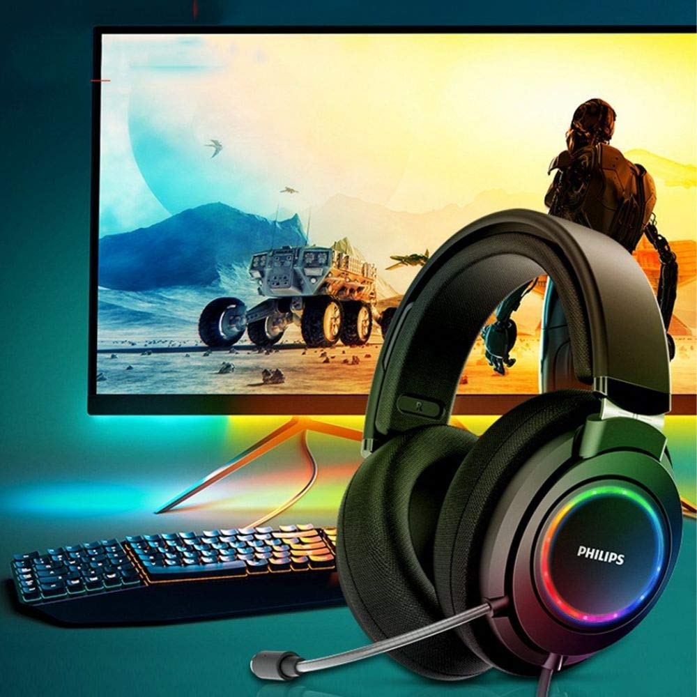 Philips Audio USB Computer Gaming Headset with Microphone, 7.1 Surround Sound, Comfort Fit Wired Headphones with RGB LED Lighting, Black (TAG6105)