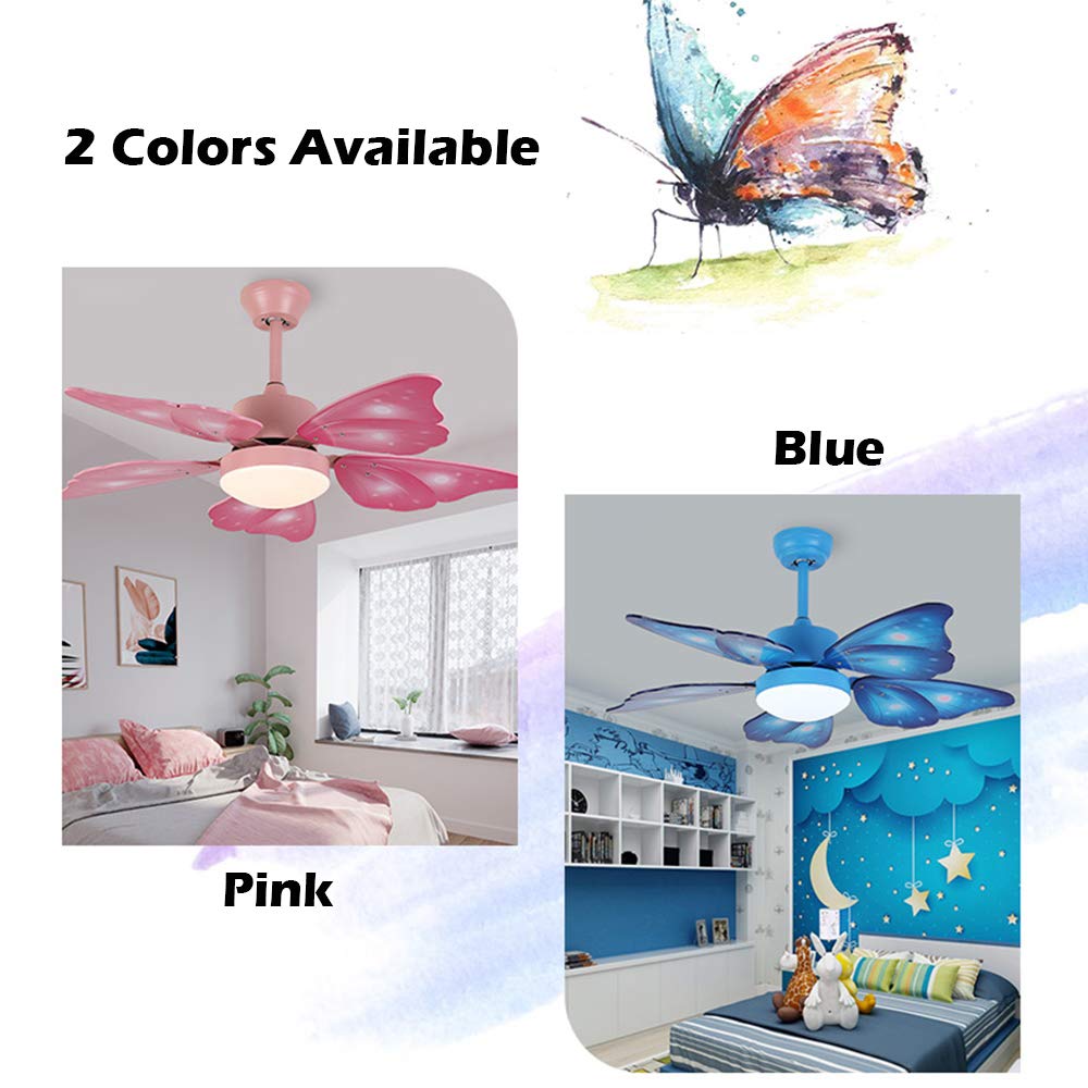 KWOKING Lighting Creative Butterfly Wing Ceiling Light and Fan with Remote Control 5 Blades LED Bedroom Hanging Fan Light Adjustable Speed for Kids Bedrooms - Blue
