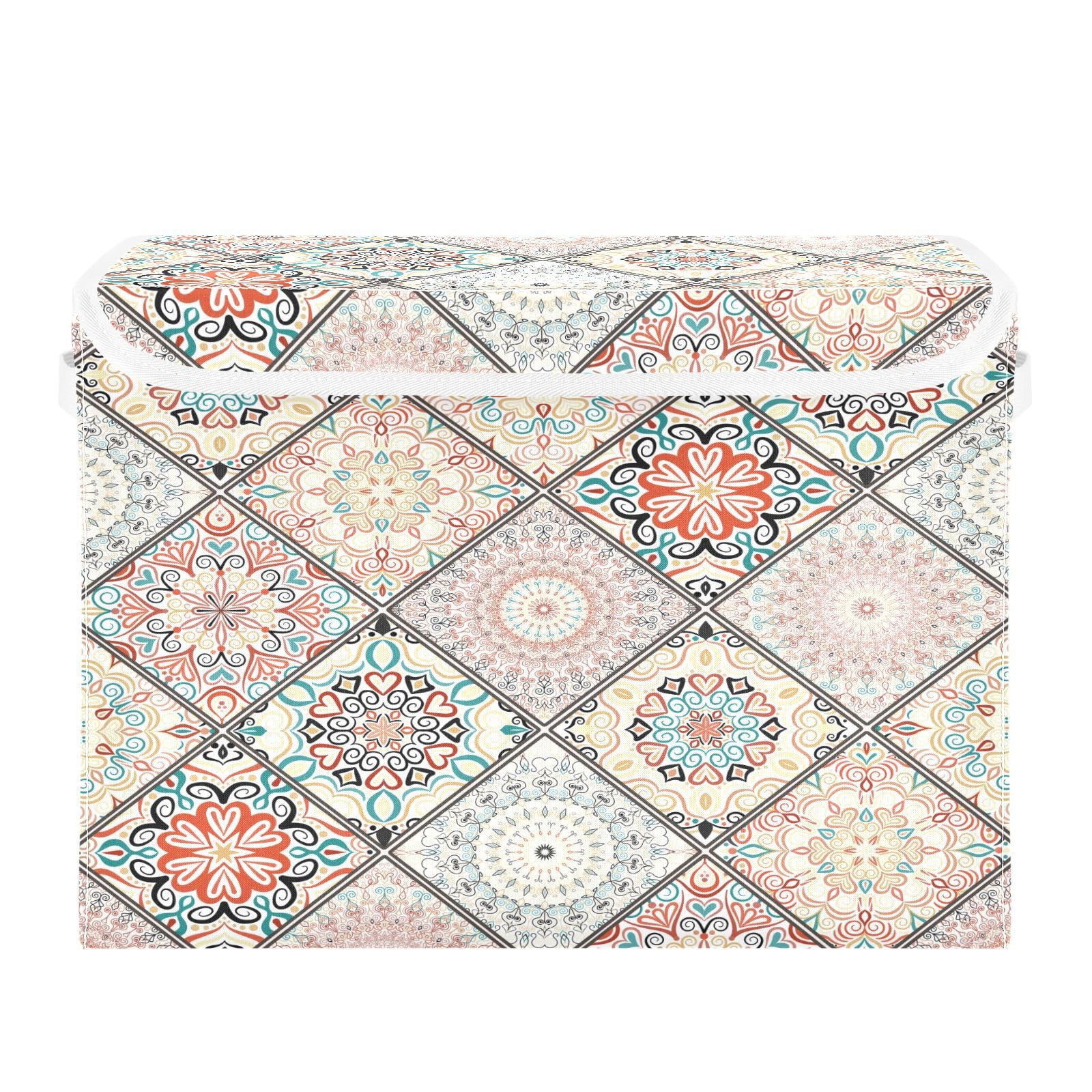 Ollabaky Mexican Mandala Boho Larger Collapsible Storage Bin Fabric Decorative Storage Box Cube Organizer Container Baskets with Lid Handles for Closet Organization, Shelves