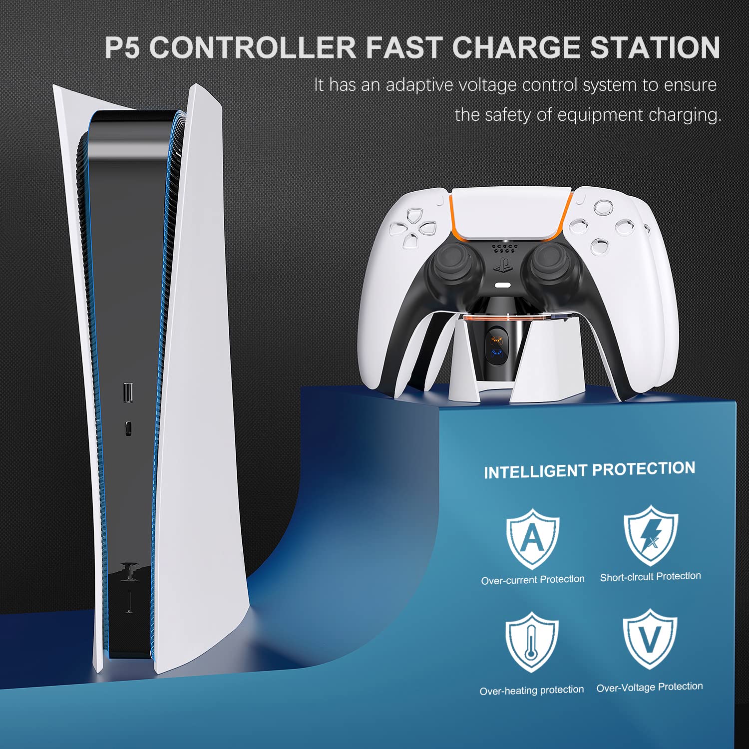 PS5 Controller Charging Station, PS5 Controller Charger Built-in Intelligent Protection Module and Charge Remind LED Bar with 5V/3A AC Adapter for Playstation 5 Dualsense Controller
