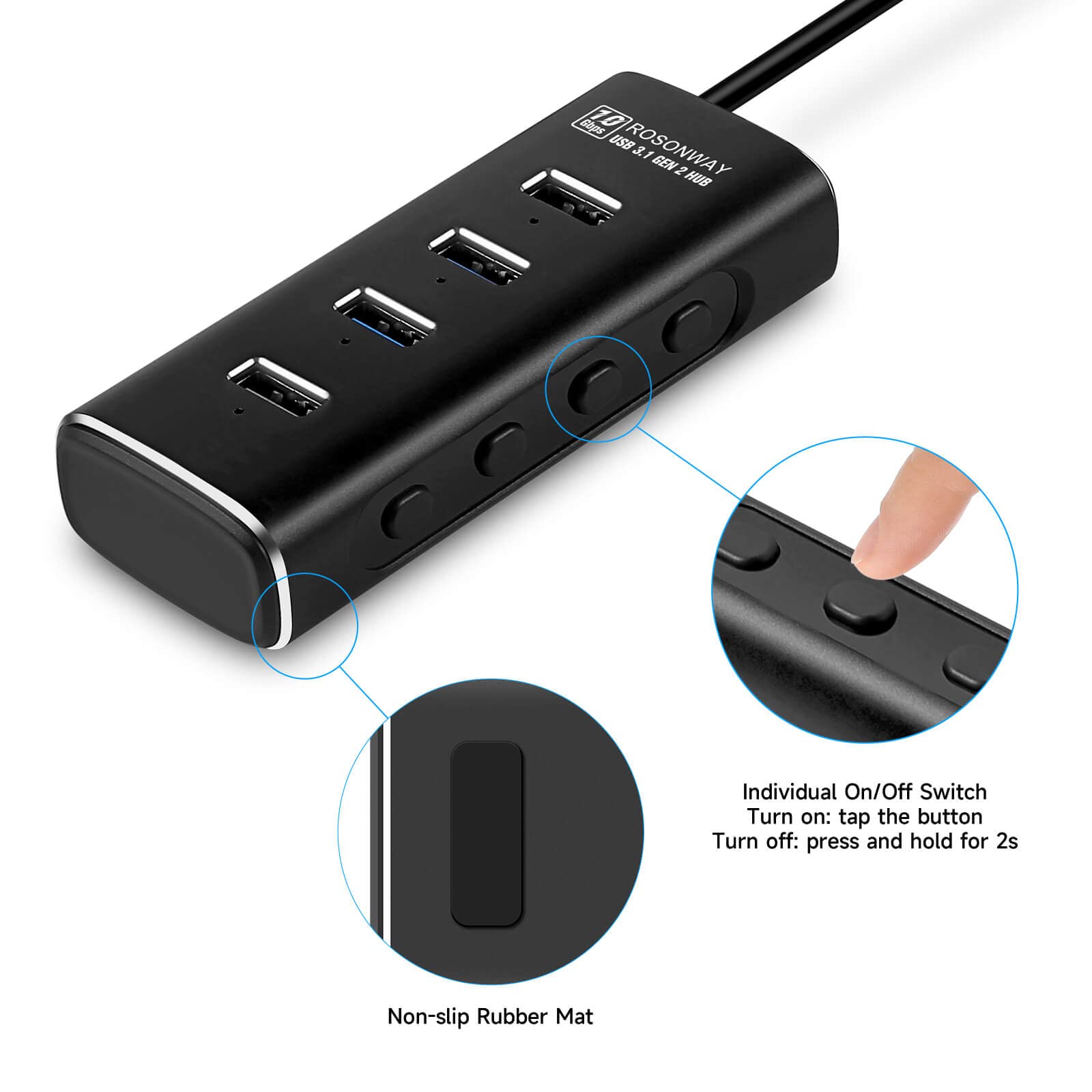 Rosonway 5 in 1 USB C Hub with 3 USB 3.2 10Gbps Data Ports, SD/TF Card Readers, 2ft Cable and Individual Switches, for PC, Laptops, M1 Mac Mini, iMac, MacBook Pro/Air, RSH-A104D