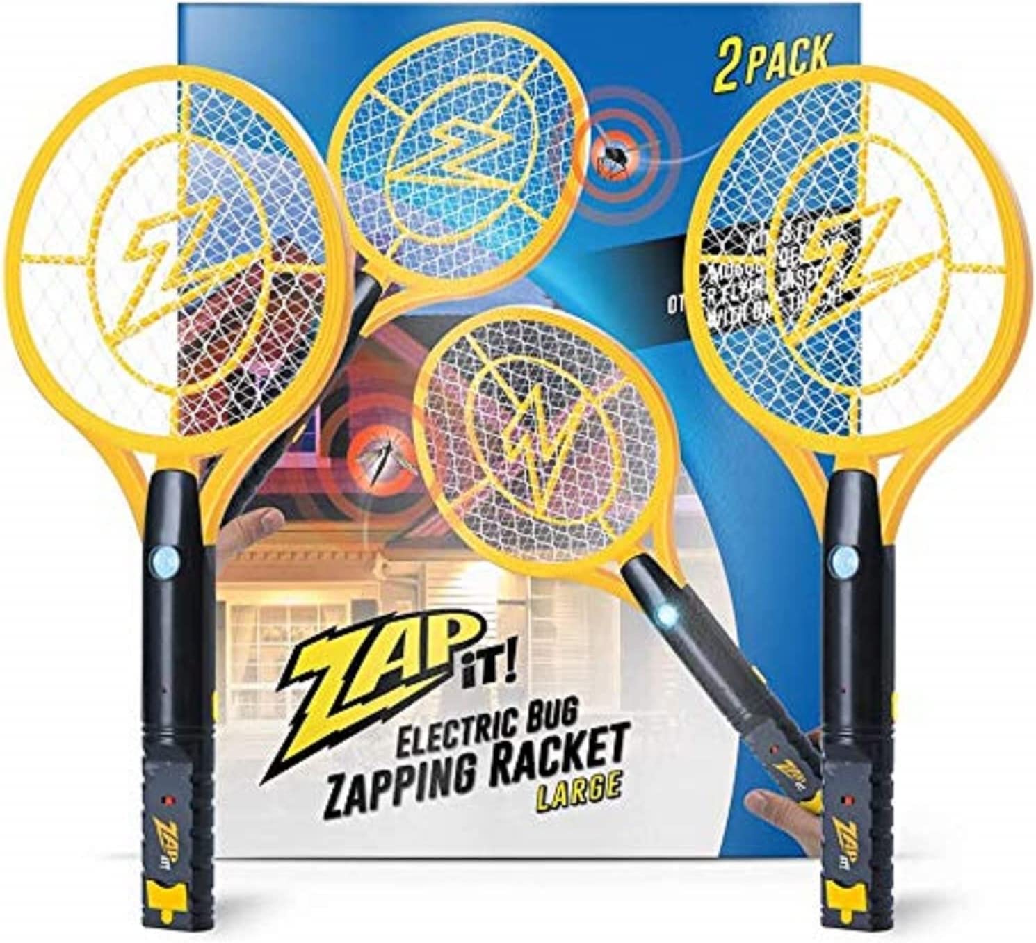 ZAP iT! Electric Fly Swatter Racket, Mosquito & Fly Zapper Racket - High Duty 4,000 Volt Electric Handheld Bug Zapper Racket - Fly Killer USB Rechargeable Indoor Safe - 2 Pack (Large, Yellow)