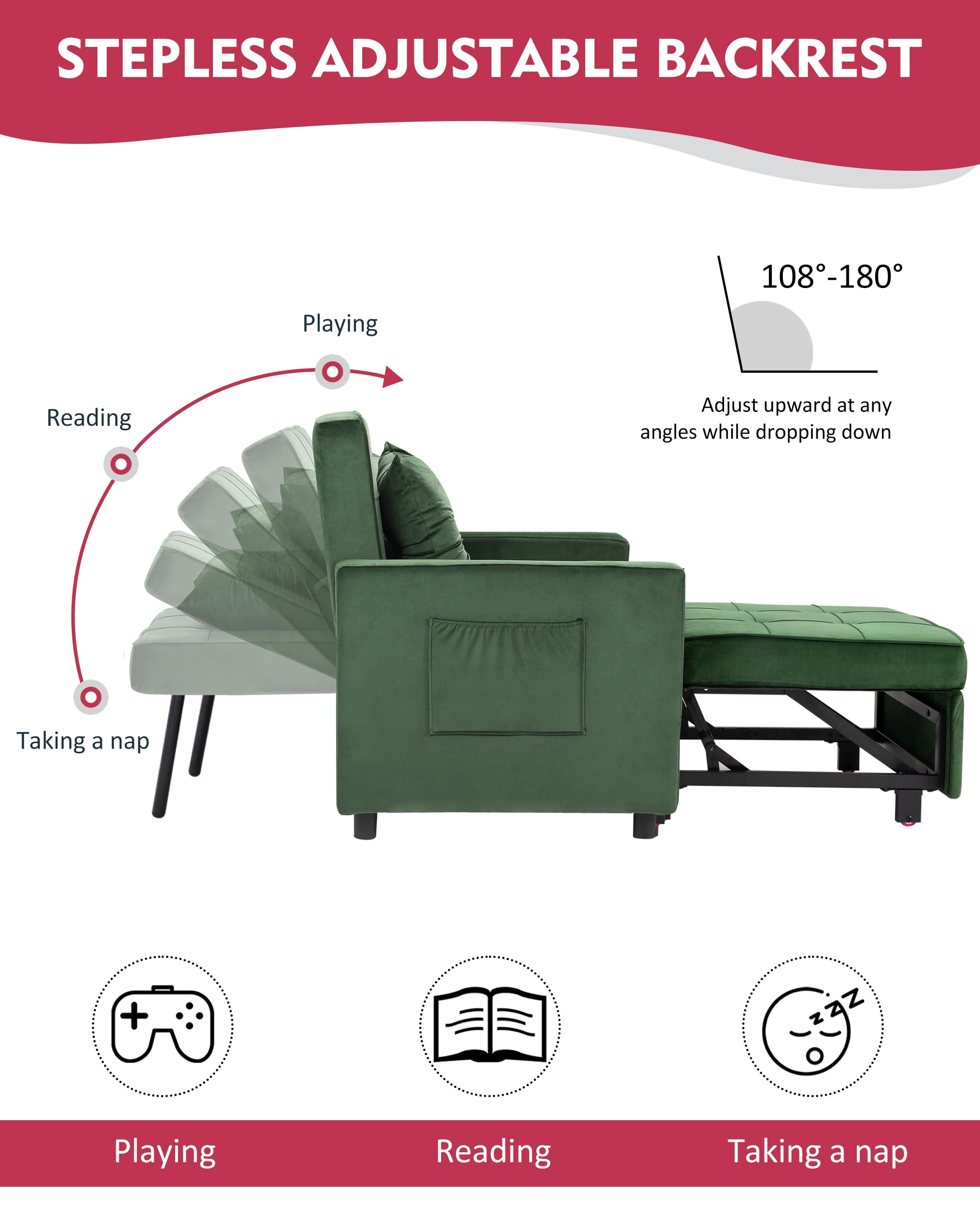Litbird [UPDATED] Convertible Chair Sleeper Bed, Stepless Adjustable Backrest, Futon Chair Turns Into Bed, Sleeper Sofa for Living Room, 3 in 1, Imitation Flannel, Dark Green