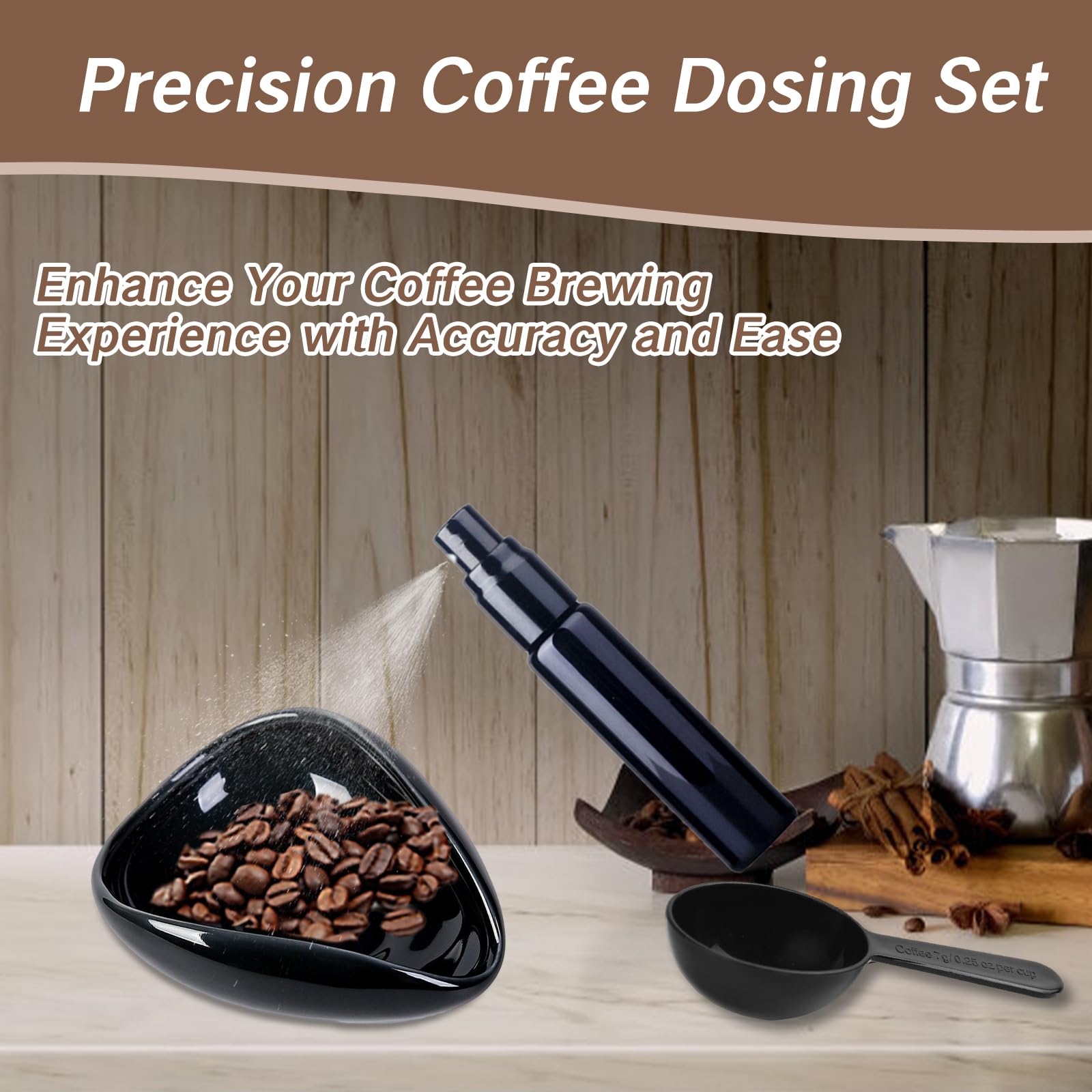 YAFIYGI 3 PCS Coffee Dosing Cup and Spray Bottle with a Spoon Kit Espresso Barista Accessories Ceramic Dosing Tray for Ground Coffee or Tea Mister Spray Bottle Reducing Static Barista Tool Set