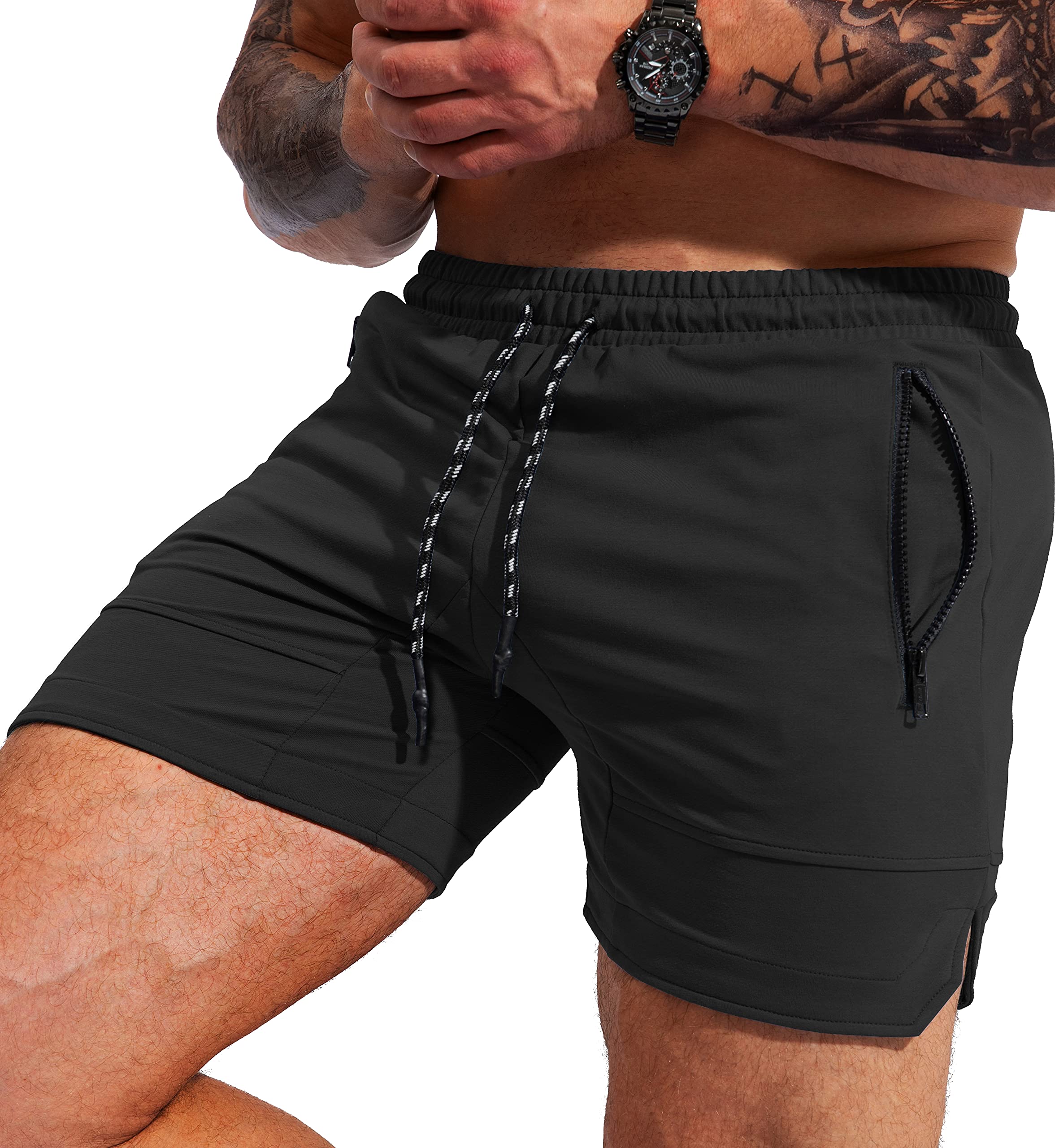 Pudolla Men's Gym Workout Shorts Weightlifting Squatting Shorts for Men Bodybuilding Training Jogger with Zipper Pockets(Black Medium)