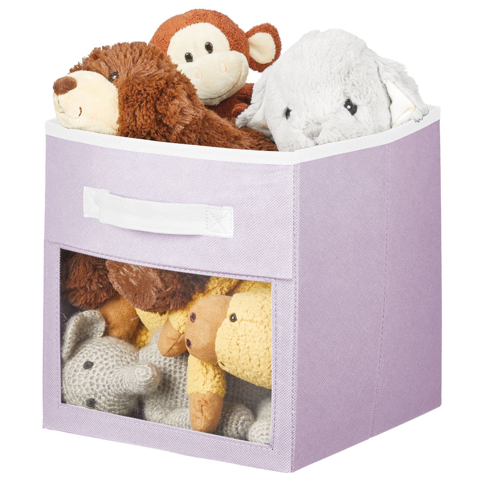 mDesign Fabric Nursery/Playroom Closet Storage Organizer Bin Box with Front Handle/Window - Cube Furniture Shelving Unit, Hold Toys, Clothes, Diapers, Bibs, Jane Collection, 4 Pack, Light Purple/White