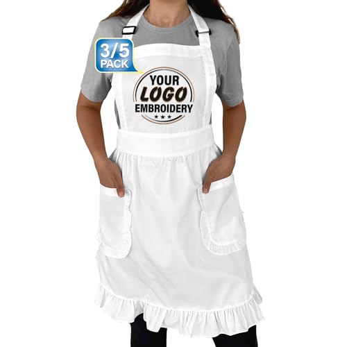 TEEAMORE Custom Embroidered Ruffle Apron Add Your Logo Kitchen Cooking Baking Grilling Maid Costume Women's Apron White