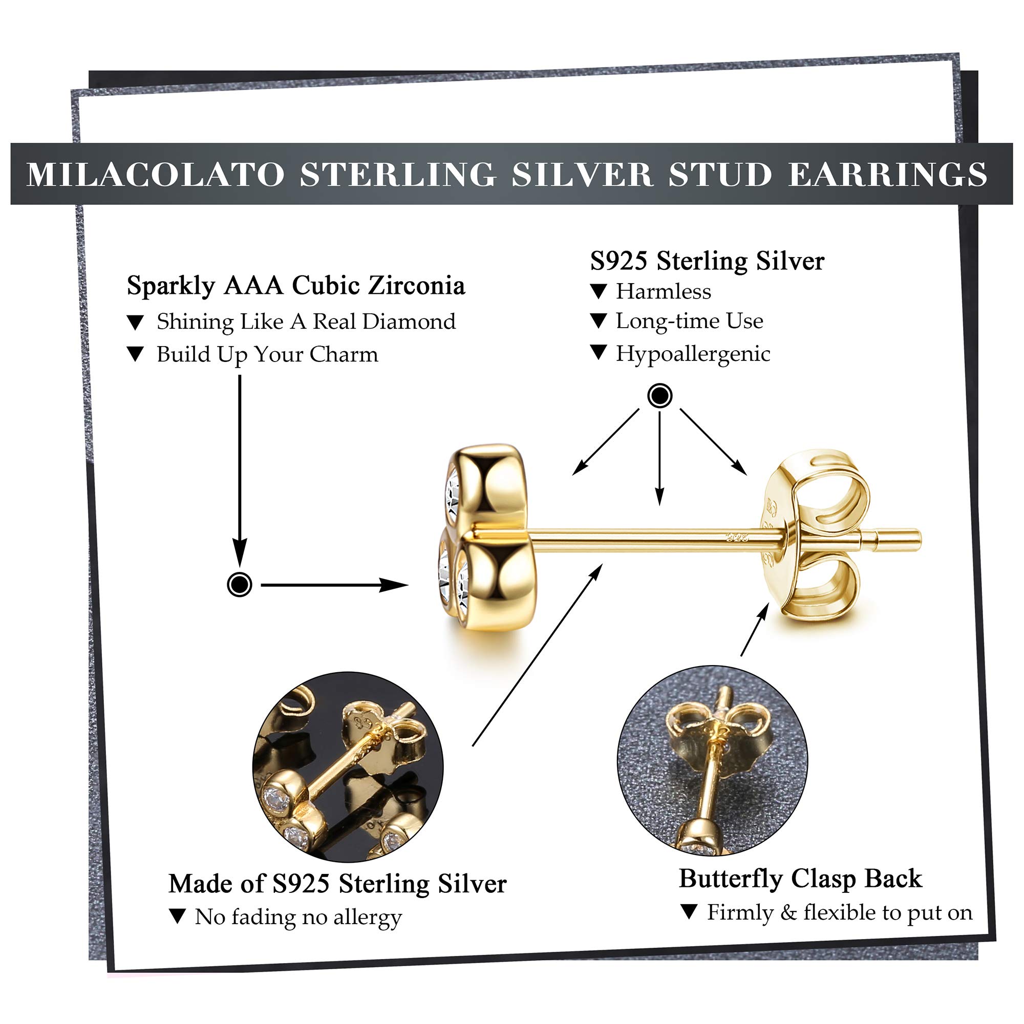 Milacolato 3Pairs Sterling Silver Tiny Stud Earrings 14K Gold Plated Tiny Dot/Trio Cubic Zirconia Stud Earrings Set for Women Men Minimalist Cartilage Piercing Stud Earrings, Gold