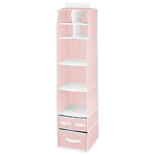 mDesign Fabric Hanging Organizer - Over Closet Rod Storage - 7 Shelves/3 Removable Drawers for Baby Nursery or Bedroom Organization, Holds Clothes, Toys, Accessories, Jane Collection, Pink/White