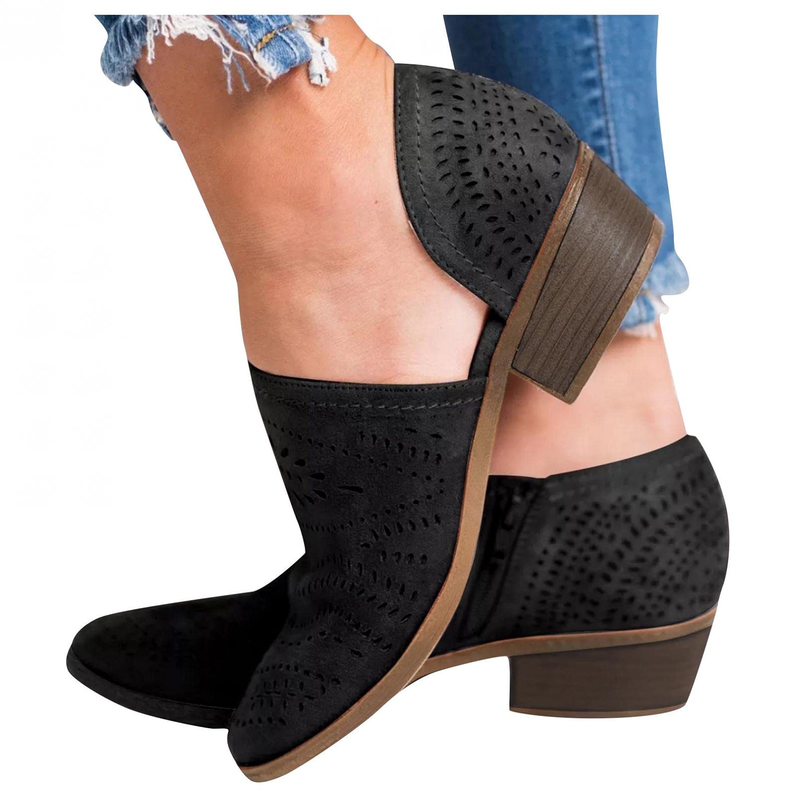 NOLDARES Boots for Women Low Heel Ankle Boots V Cutout Winter Warm Stacked Chunky Heel Outdoor Short Booties, Z2 Black, 10