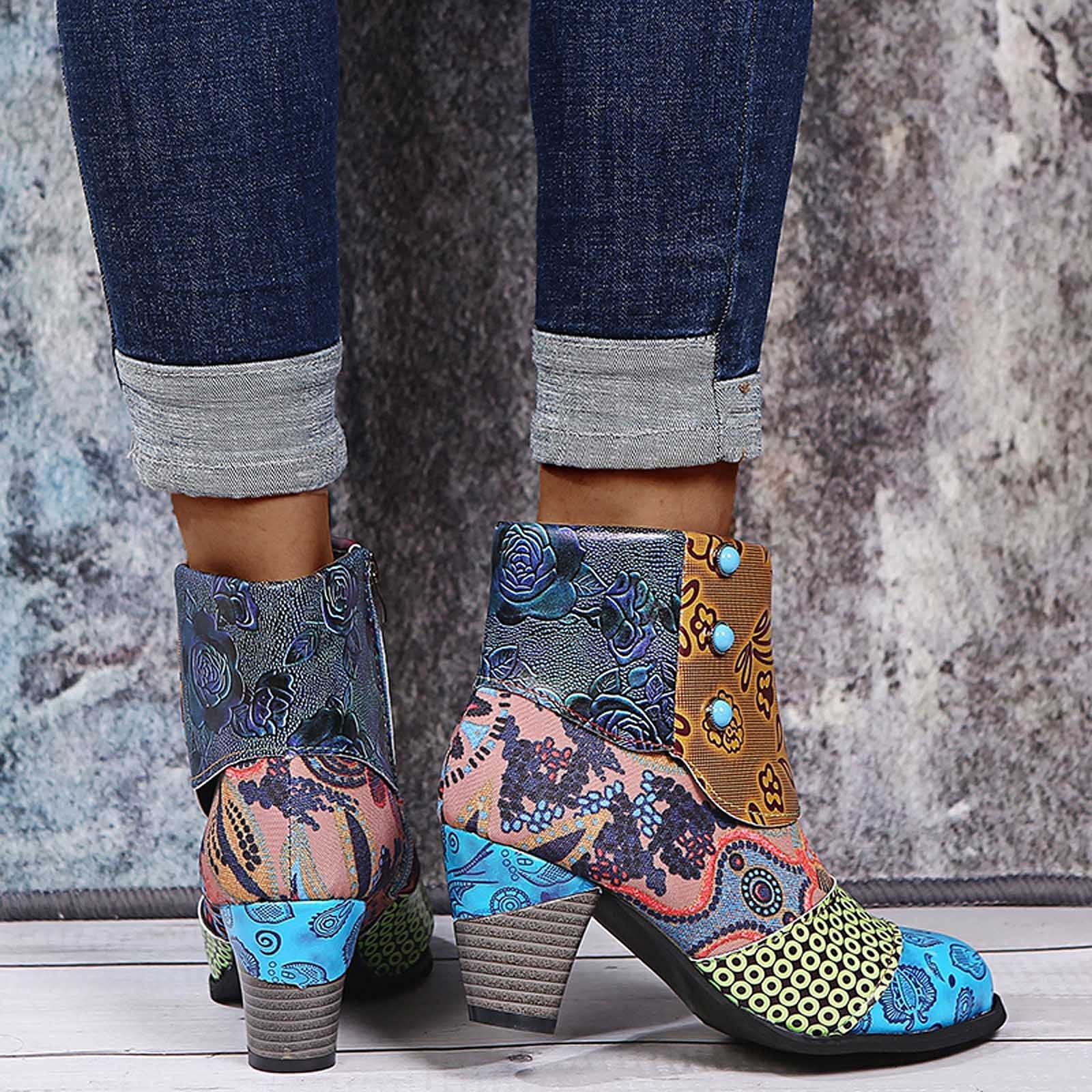 NOLDARES Cowboy Boots for Women Chunky High Heels Retro Zipper Boots Colorful Printed Booties Point-Toe Boots for Women, Multicolor, 10