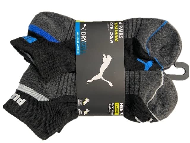 PUMA 6 PAIRS TRAINING QUARTER CREW MEN'S LARGE SOCK 10-13 SHOE 8-12 SPORT CUSHION ARCH SUPPORT DRYCELL