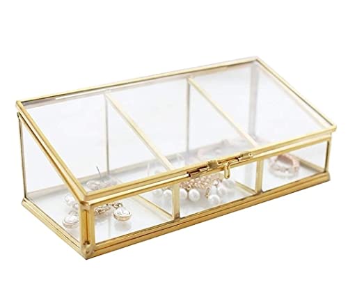 Yalych Jewelry Box Jewelry Case Golden Clear Glass & Brass Metal Storage Jewelry Display With Lid 3 Compartment Rings Bracelet Box. Jewelry Organizer
