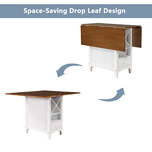 Merax 5 Pieces Drop Leaf Dining Table Set, Counter Height Kitchen Table with Drop Leaf and 4 Chairs, Space-Saving Kitchen Set with Wine Rack and Drawers, Seat Height 23.6"